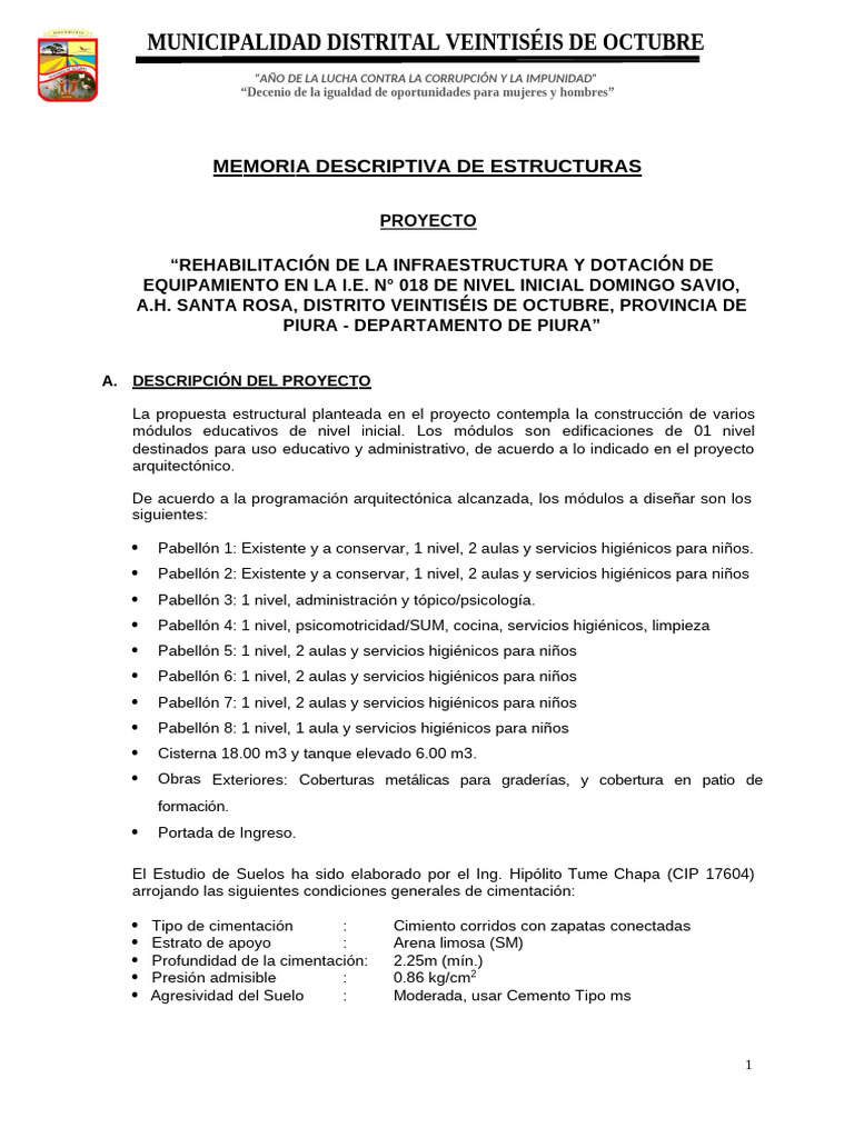 01 Memoria Descriptiva - Estructuras | PDF | Fundación (Ingeniería) | Hormigón