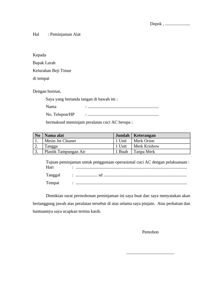 SURAT PEMINJAMAN ALAT | PDF