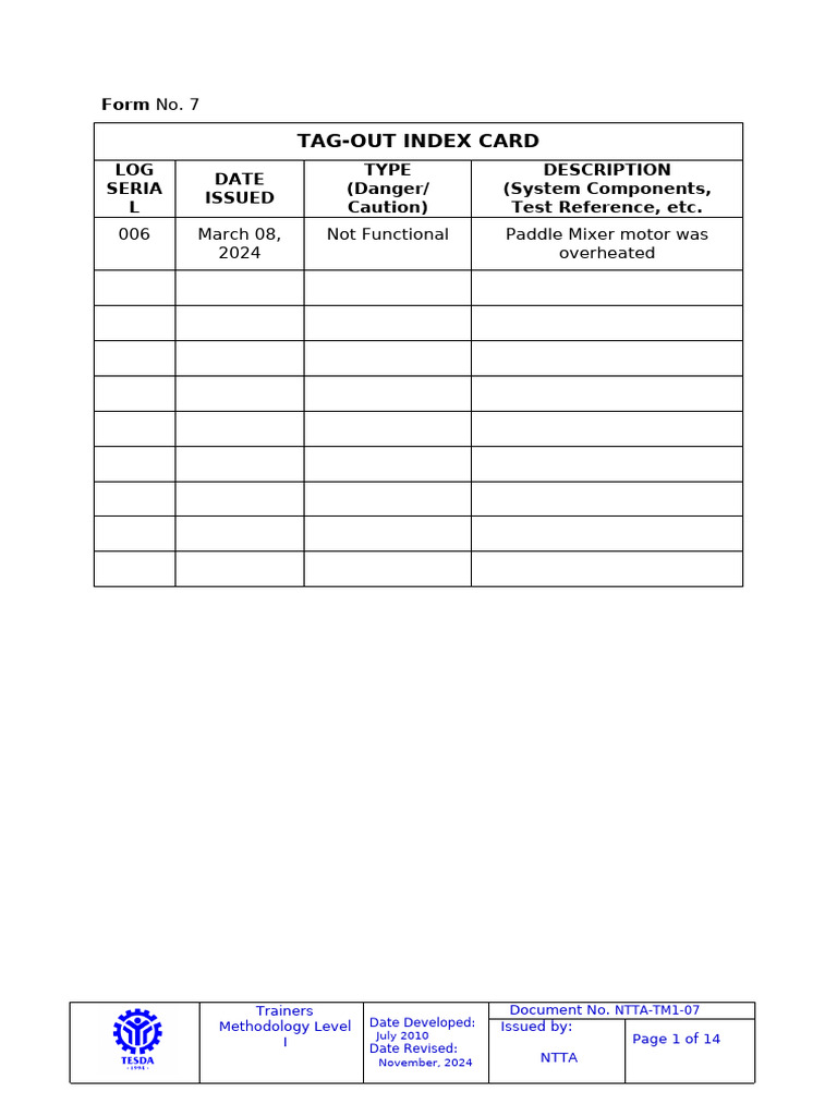 A7-Tag Out Index Card | PDF