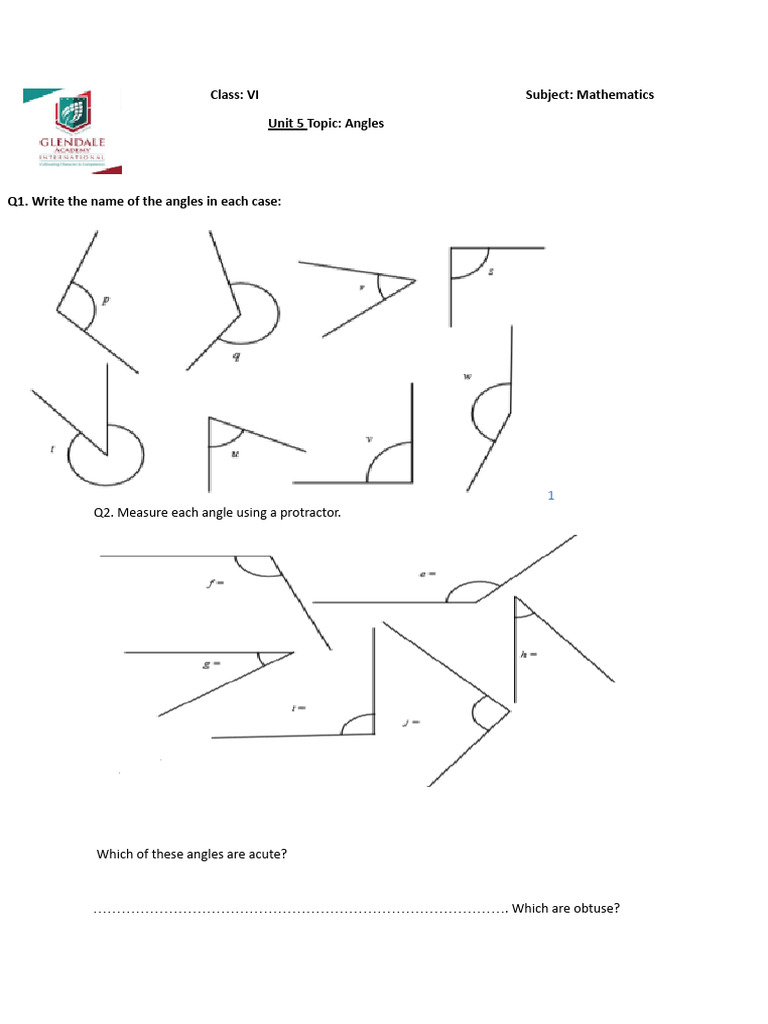 Angles Worksheet For Grade 6 | PDF
