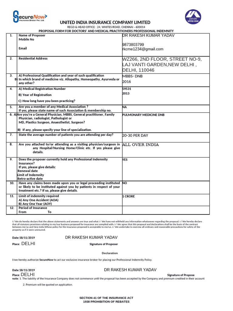 Professional Indemnity Proposal: Dr. Yadav | PDF | Physician | Insurance