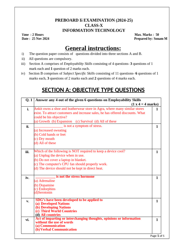 Preboard I Paper-Class X | PDF | Databases | Spreadsheet