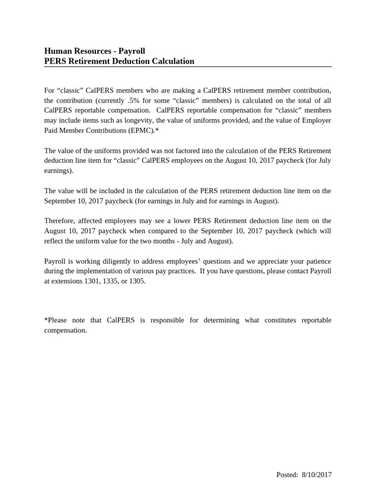 CalPERS Retirement Deduction Update | PDF