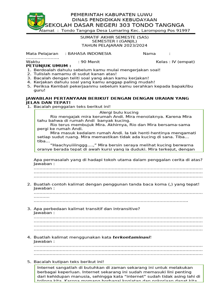 Soal Sas BHS Indonesia KLS 4 | PDF