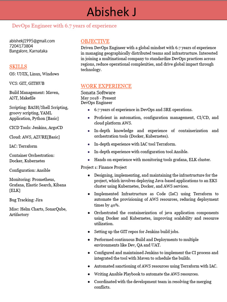 Devops Engineer Resume 6 7 Years Experience Pdf Information
