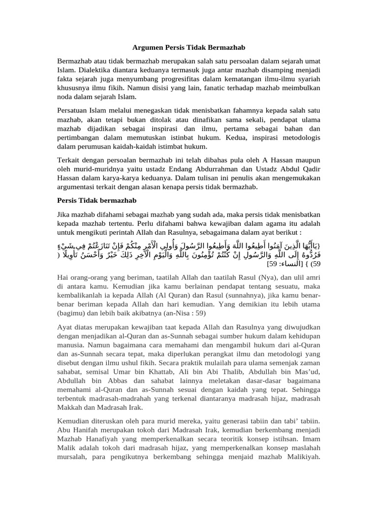 Argumen Persis Tidak Bermazhab | PDF