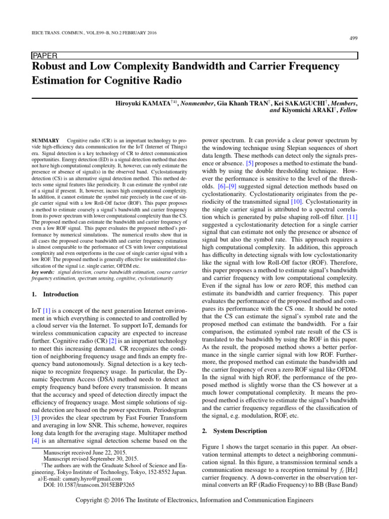 Robust and Low Complexity Bandwidth and Carrier Frequency Estimation for Cognitive Radio | PDF ...