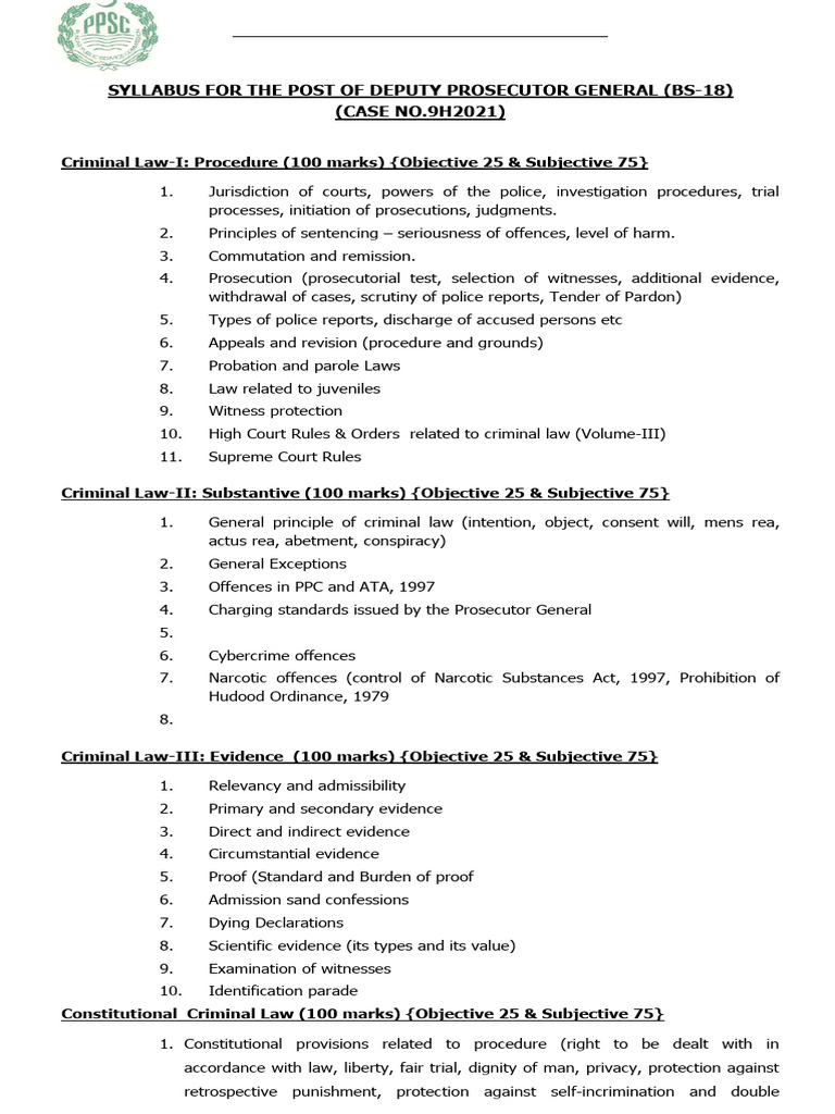 Deputy Prosecutor General PPSC Syllabus | PDF | Prosecutor | Evidence (Law)