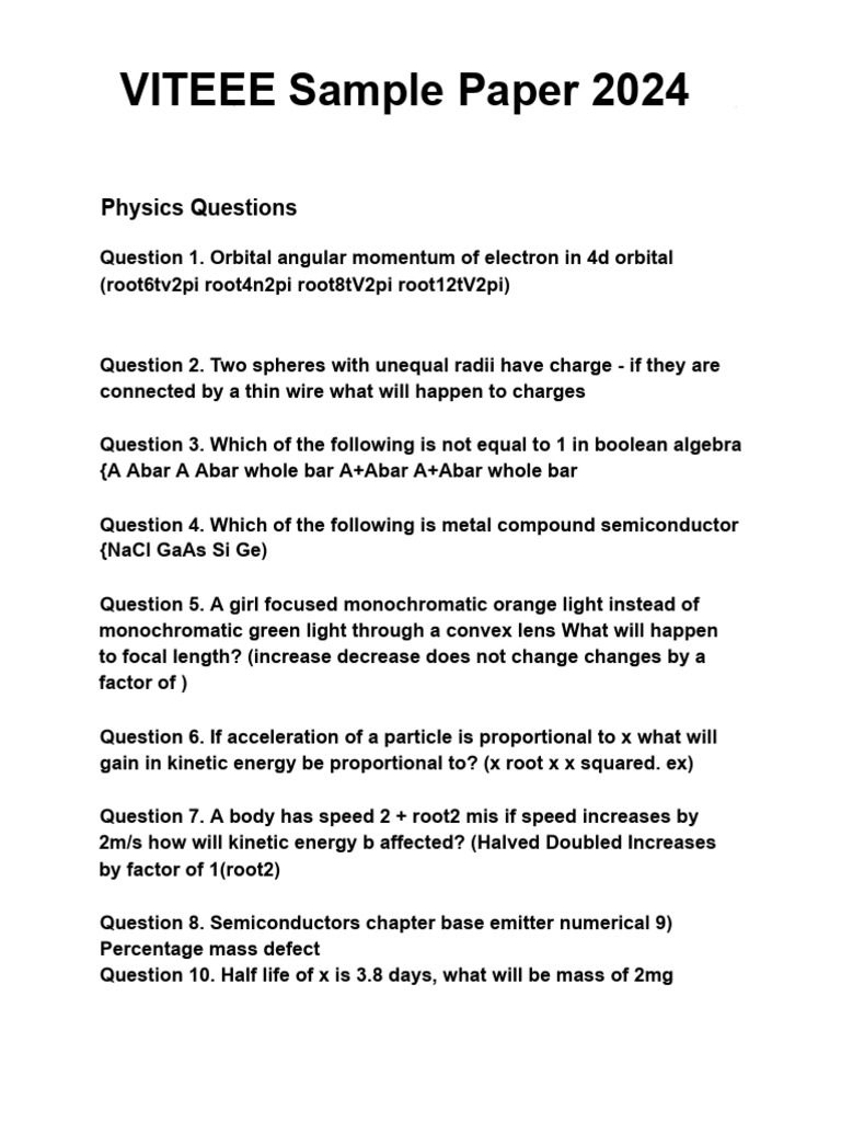 Viteee Sample Paper 2024 PDF Set 1 | PDF | Atomic Orbital | Mass
