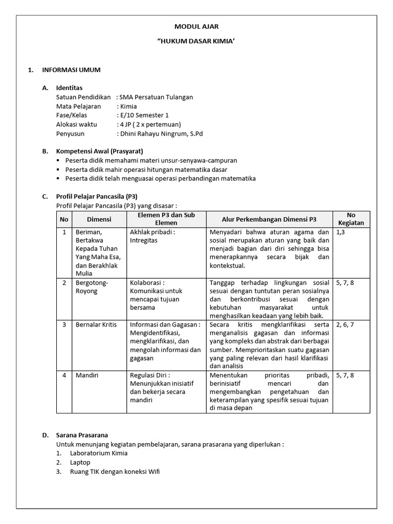 modul ajar hukum dasar kimia | PDF