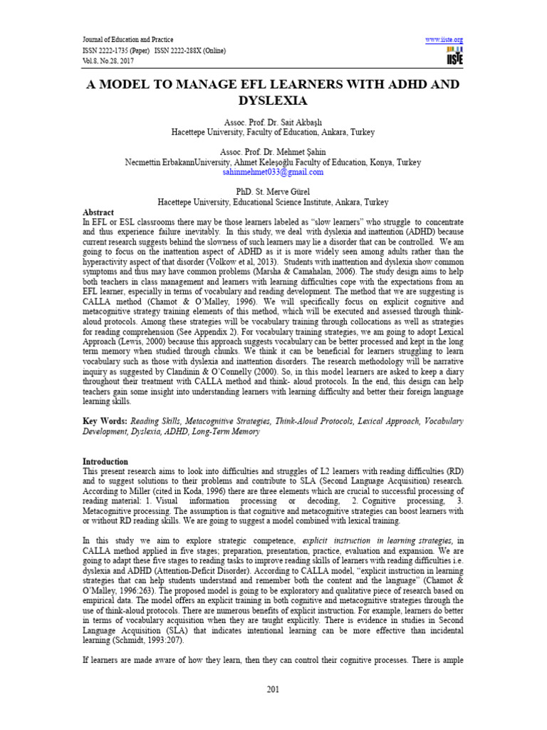 A Model To Manage Efl Learners With Adhd and | PDF | Dyslexia | Second Language Acquisition