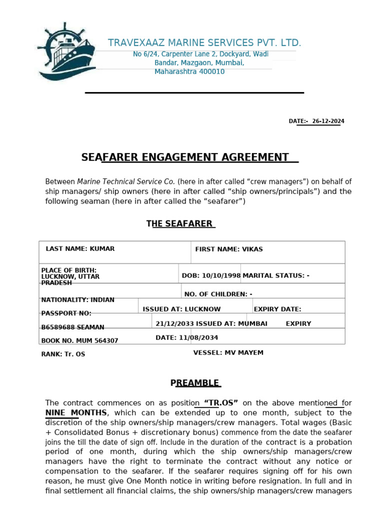 Seafarer Engagement Agreement: Vikas Kumar | PDF | Sailor | Ships