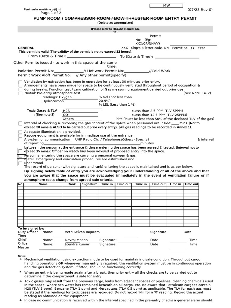 Pump Room Entry Permit Guidelines | PDF | Gases | Ventilation ...