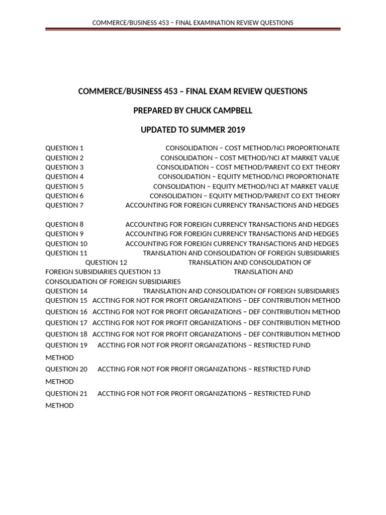 Final exam review questions -- Fall 2019 | PDF | Book Value | Goodwill ...