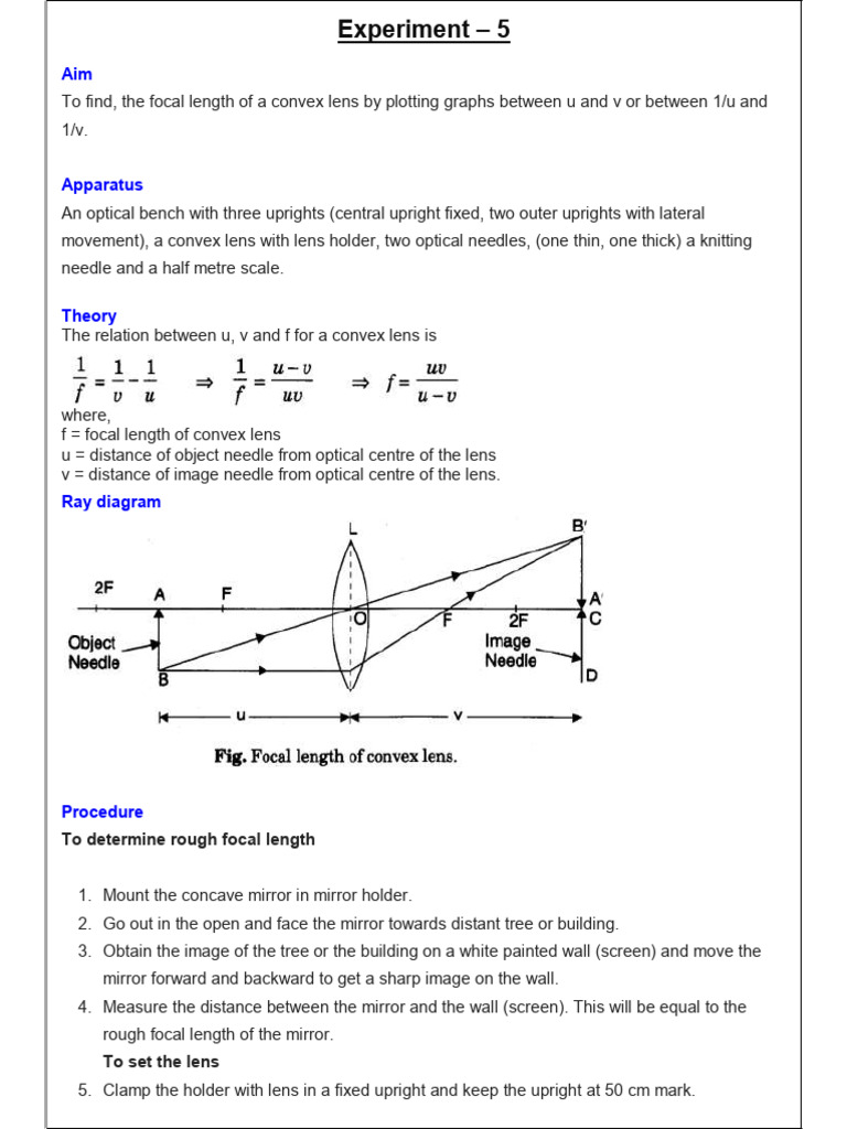 EXPERIMENT-6_To find, the focal length of a convex lens by plotting graphs between u and v or (1 ...