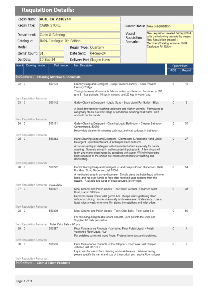 Cabin Stores Requisition List | PDF | Tableware