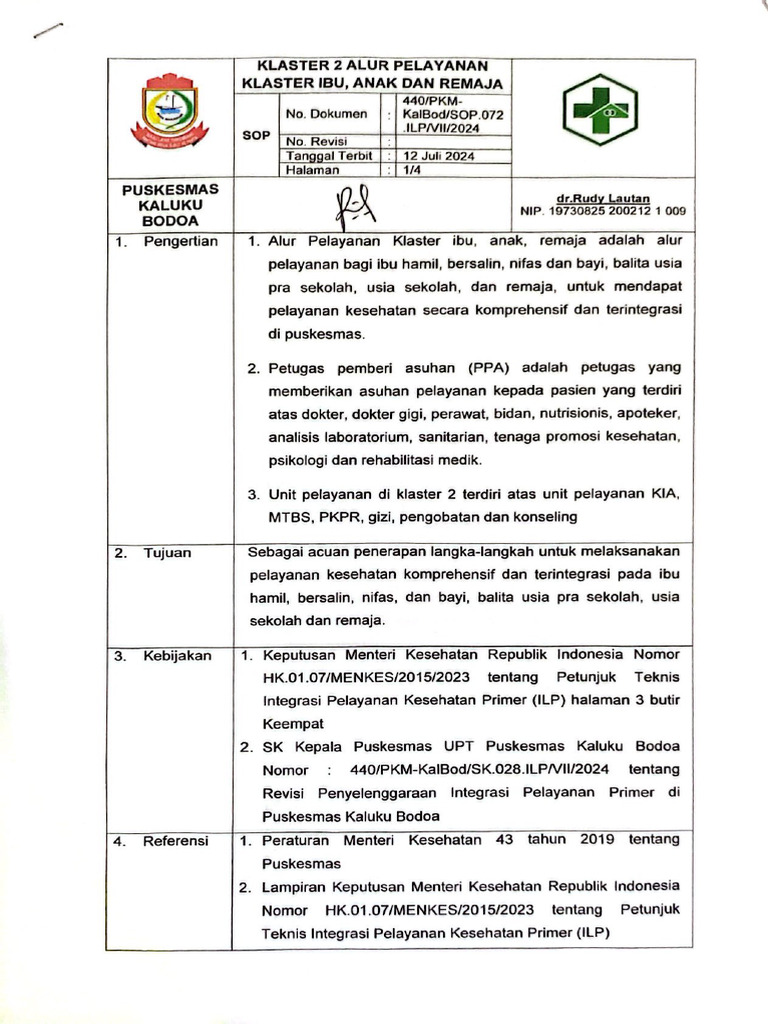 Sop Klaster 2 Alur Pelayanan Klaster Ibu | PDF