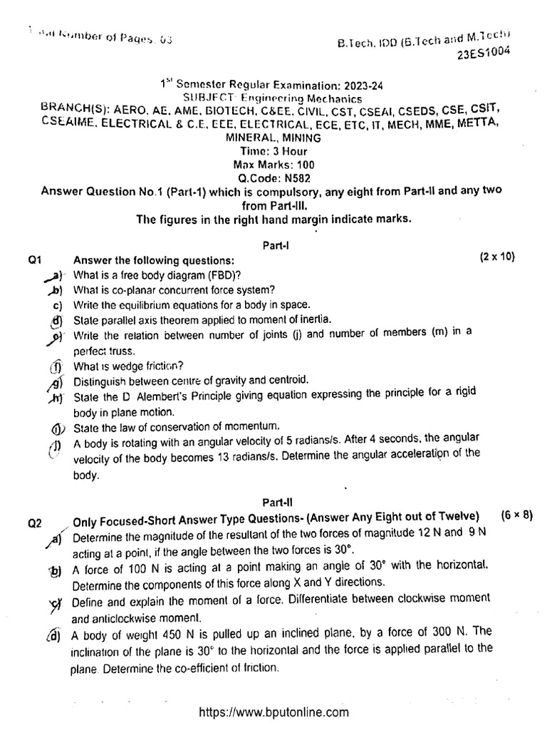 Btech Mtech 1 Sem Engineering Mechanics 23es1004 2024 | PDF