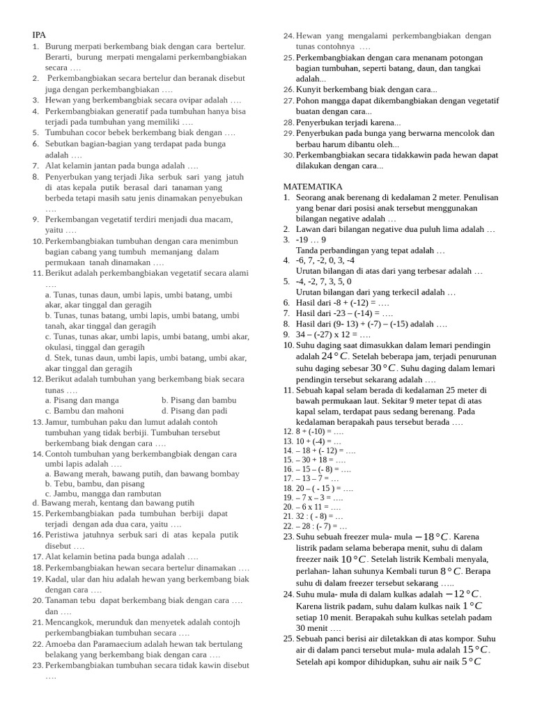 IPA Dan MTK Kelas 6 | PDF