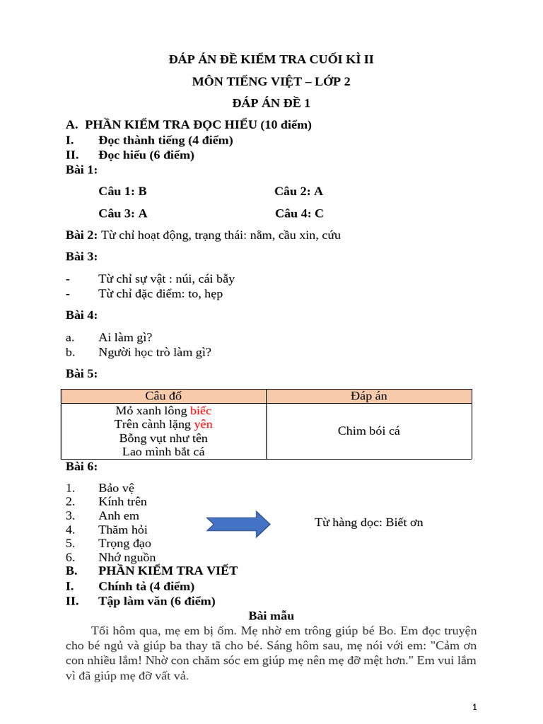 Đáp án TV đề KT CK1 | PDF