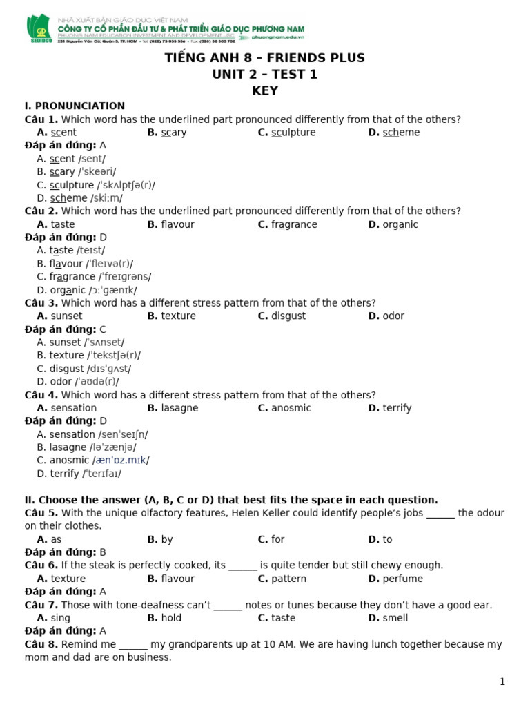 Unit 2 Test 1: Friends Plus 8 | PDF | Odor