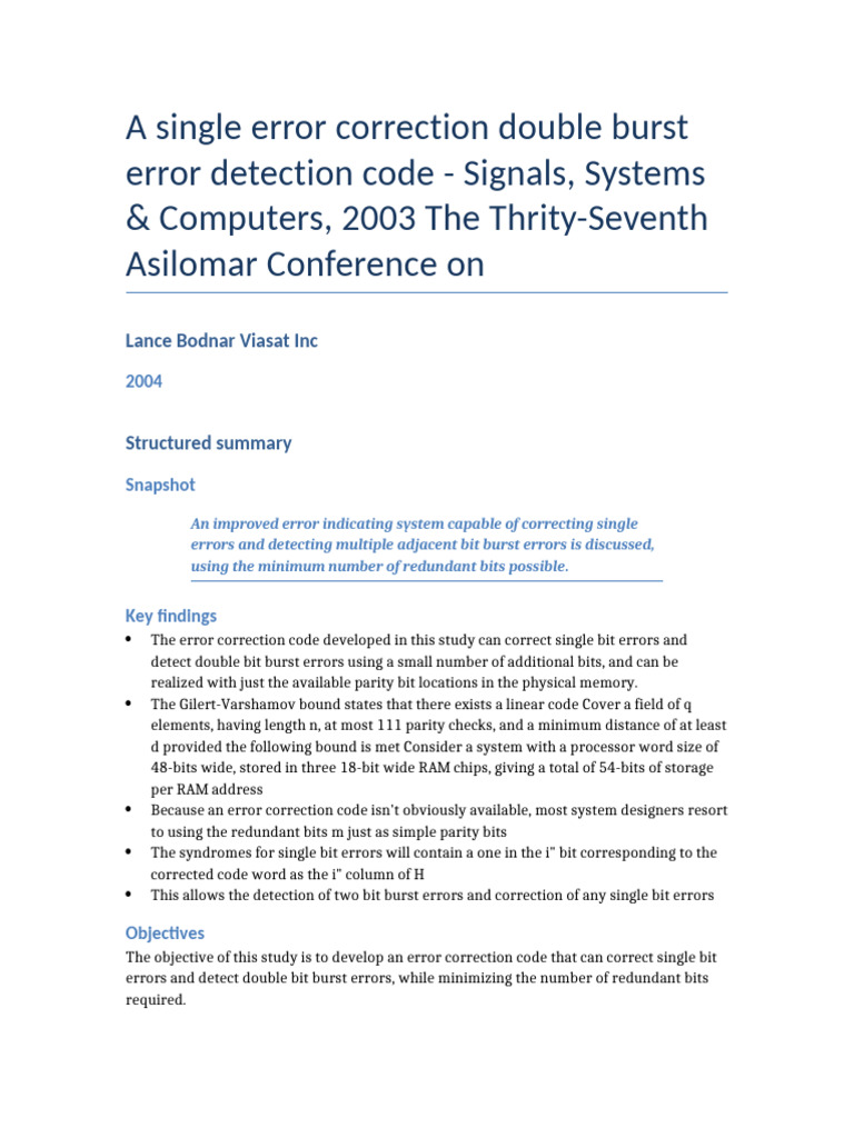 A Single Error Correction Double Burst Error Detection Code Pdf Pdf Error Detection And