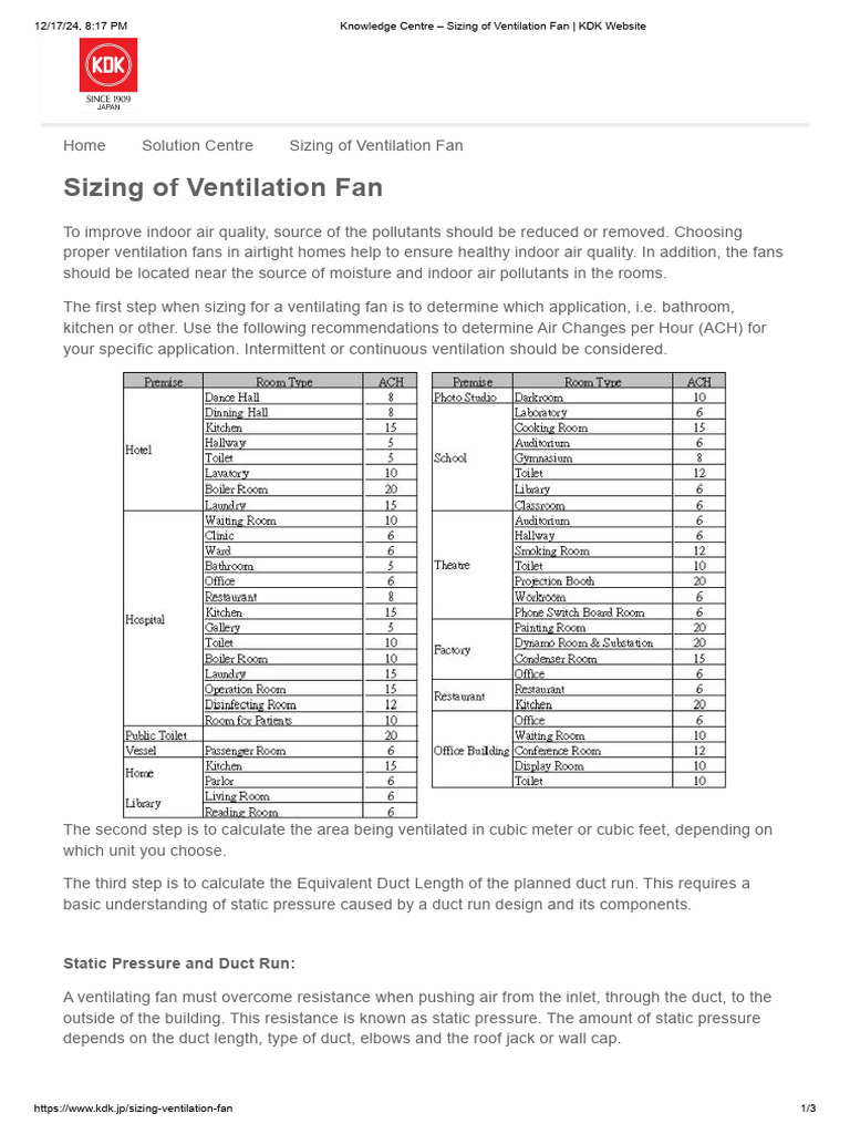 Knowledge Centre - Sizing of Ventilation Fan - KDK Website | PDF ...