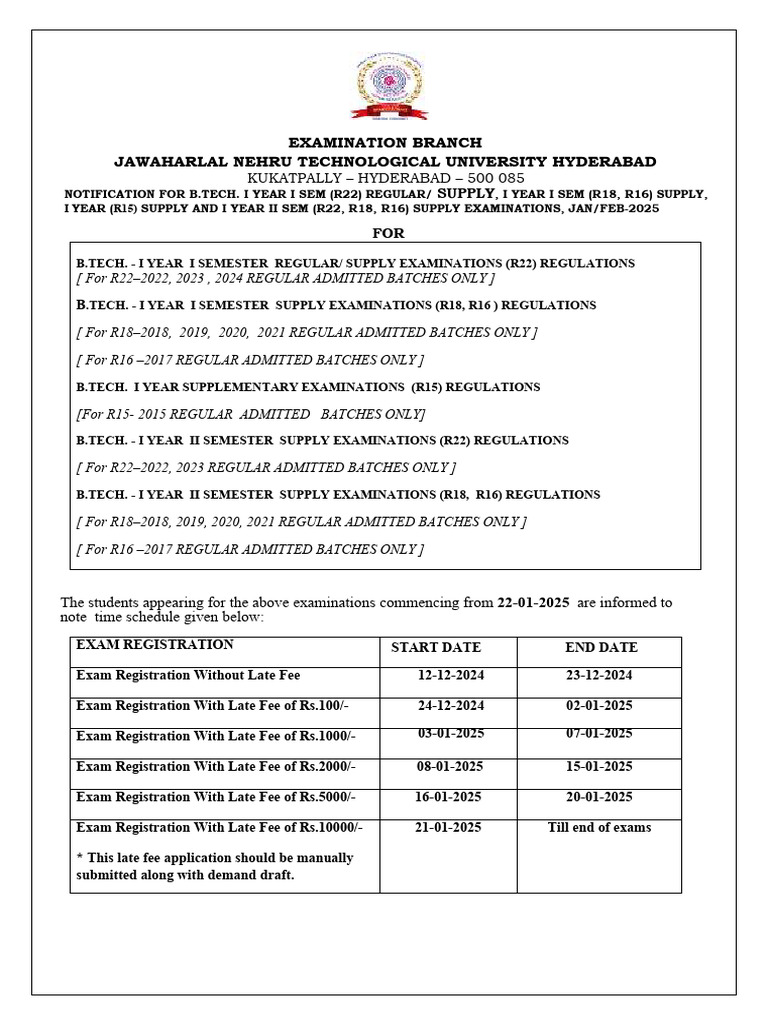 JNTUH B.tech 1-1 1-2 and 1st Year Exams Notification Jan 2025 | PDF ...