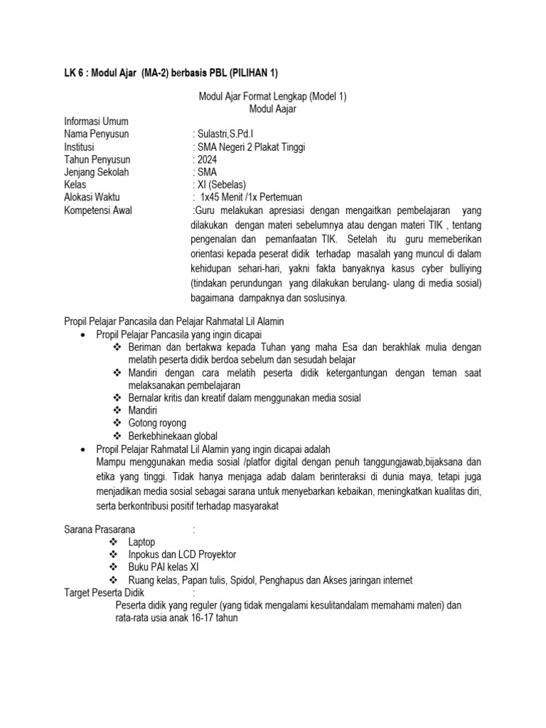 LK 5 Modul Ajar PBL Sulastri Revisi | PDF