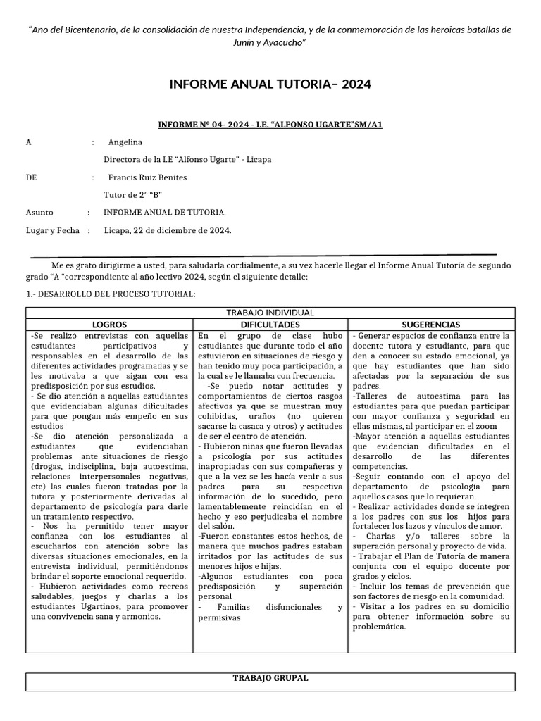 INFORME ANUAL TUTORIA 2024 | PDF | Enseñando | Sicología