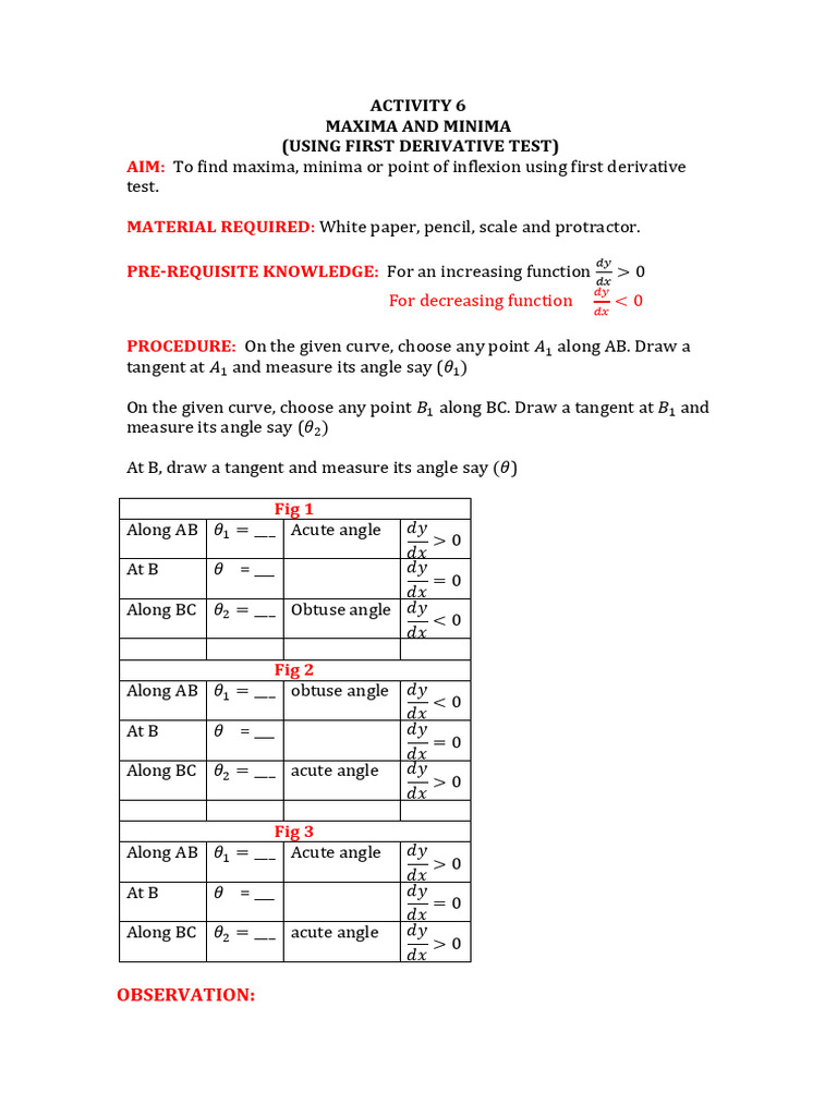 ACTIVITY 6 Maxima and Minima First Derivative Test | PDF | Differential ...