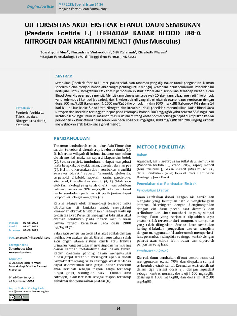 Uji Toksisitas Akut Ekstrak Etanol Daun Sembukan (Paederia Foetida L.) Terhadap Kadar Blood Urea ...