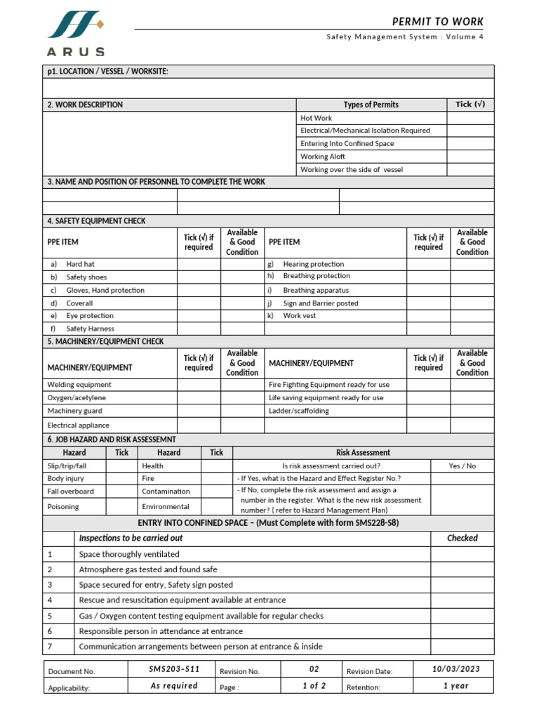 SMS203-S11 Rev 02 10 Mar 2023 - Permit To Work - 103423 | PDF | Personal Protective Equipment ...