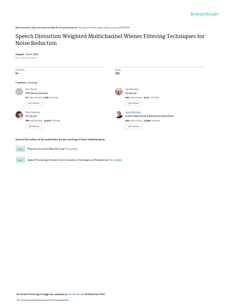Speech Enhancement 2005 Speech Distortion Weighted Multichannel Wiener Filtering Techniques for ...