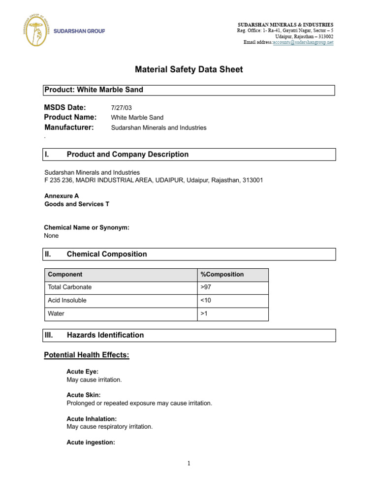MSDS White Marble Sand | PDF | Personal Protective Equipment | Occupational Safety And Health