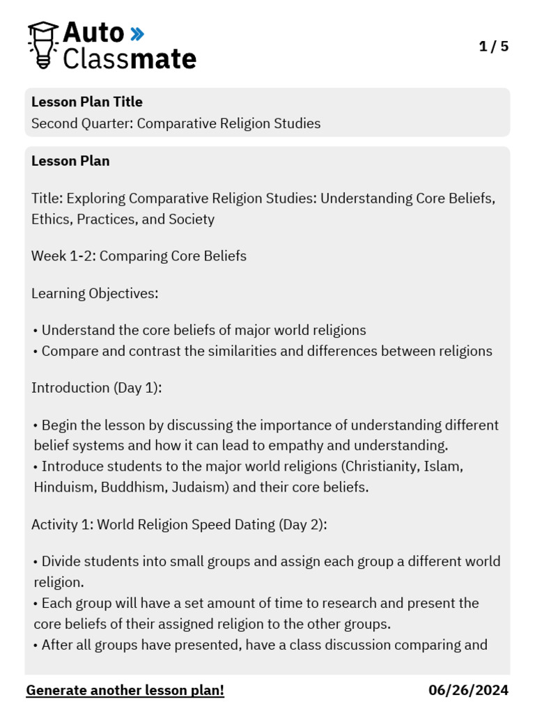Comparative Religion Studies Lesson Plan | PDF | Interfaith Dialogue ...