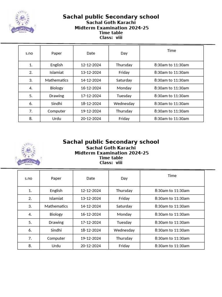 Class Viii Time Table | PDF