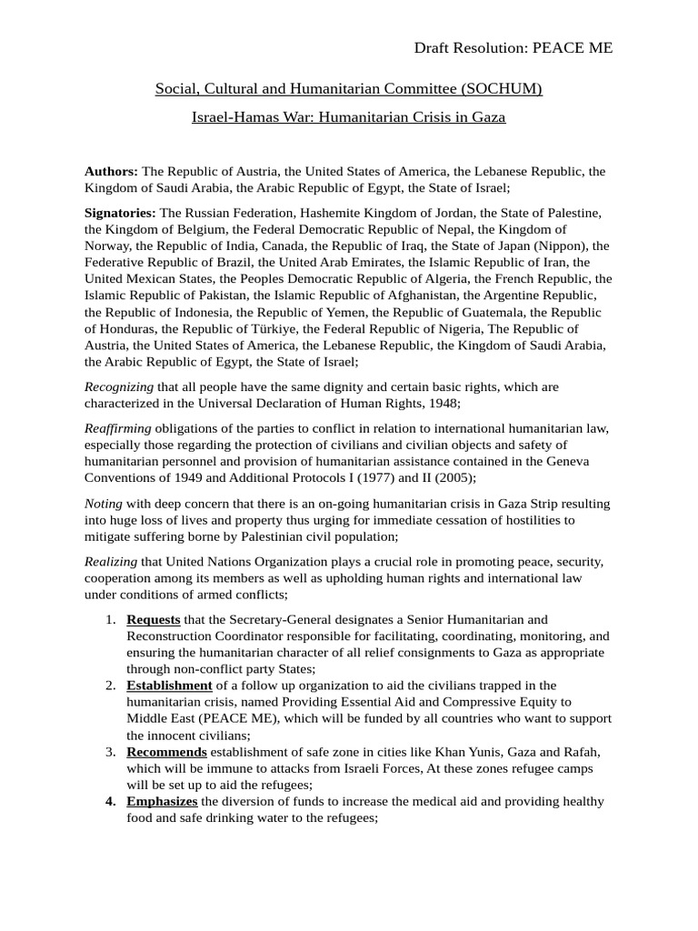 Draft Resolution - PEACE ME, SOCHUM | PDF | Gaza Strip | United Nations