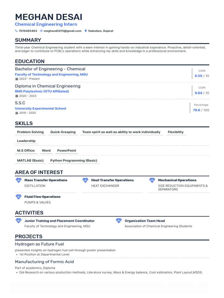 Meghan Desai Resume PCBL | PDF | Engineering | Chemistry