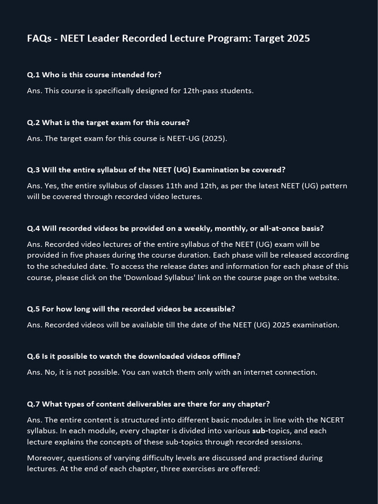FAQs For NEET Leader Recorded Lecture Program Target 2025 Kzenae | PDF