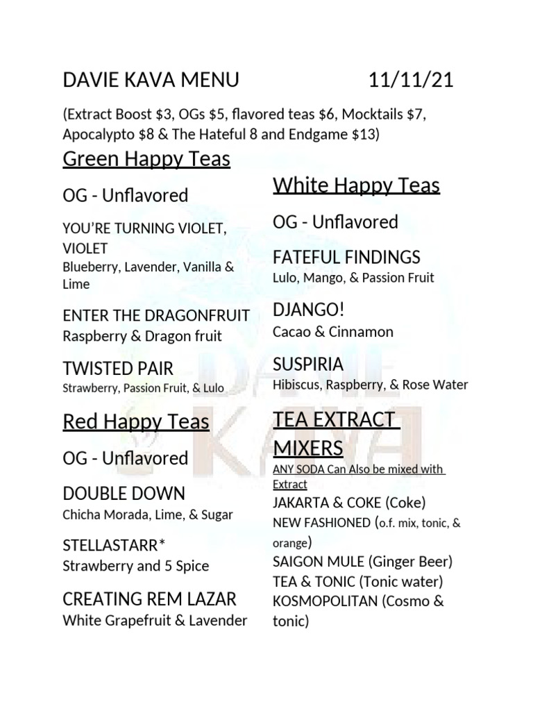 Davie Kava Menu: Teas, Mocktails & More | PDF