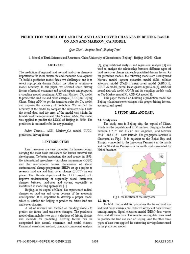 Prediction Model of Land Use and Land Cover Changes in Beijing Based On Ann and Markov CA Model ...