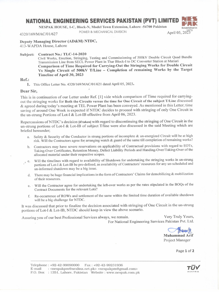 Letter No. 627-Comparison of Time Required for Carrying-Out the ...