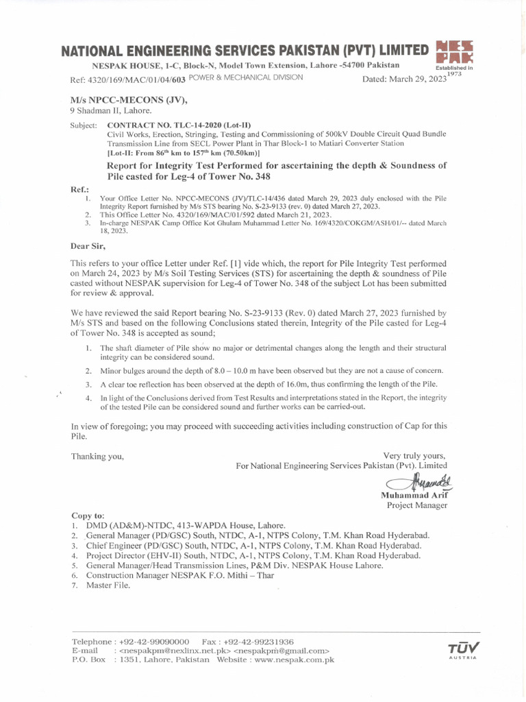 Letter No. 603-Report For Integrity Test Performed For Ascertaining The ...