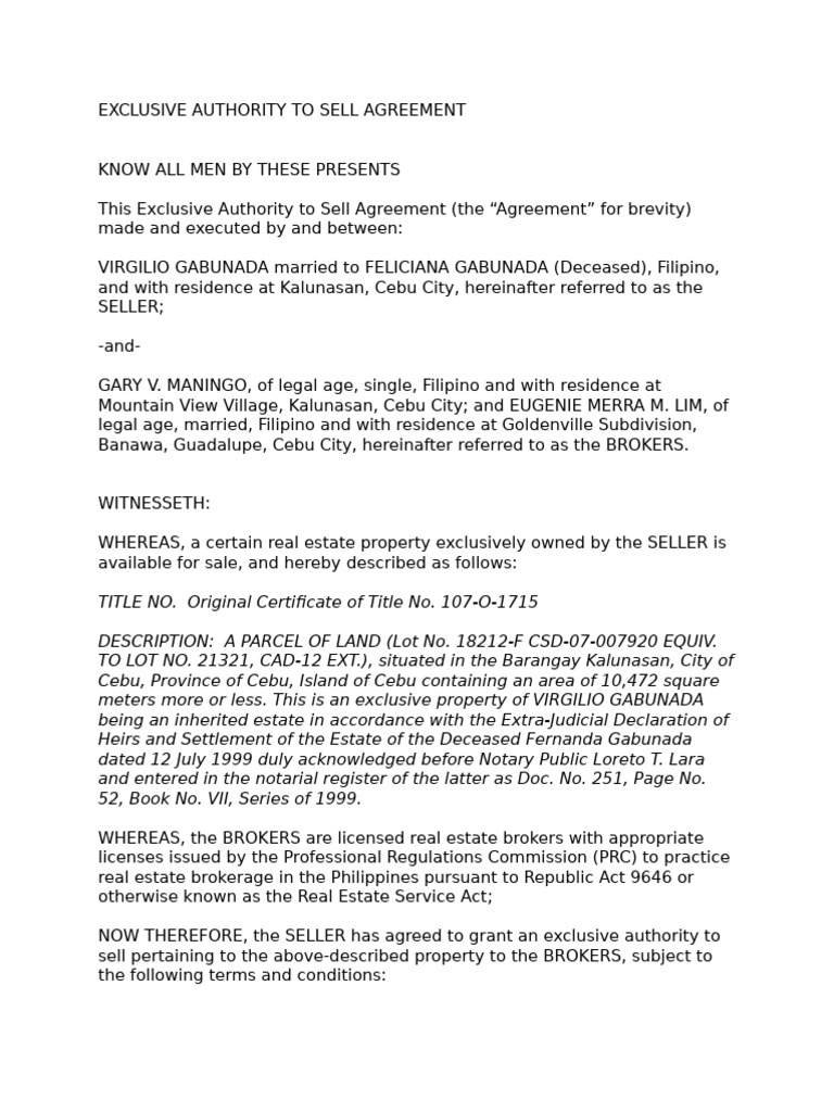 Exclusive Authority To Sell Agreement | PDF
