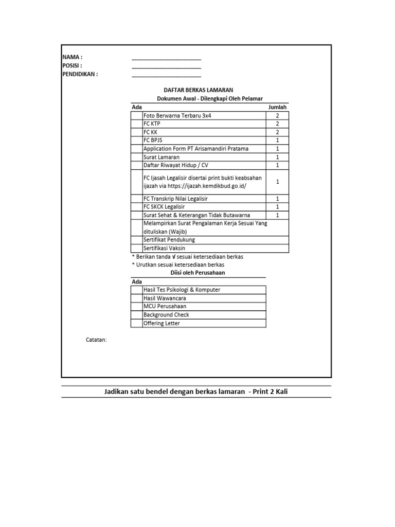 Daftar Berkas Lamaran Non Operator | PDF