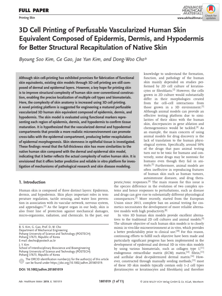 3D Printing of Vascularized Skin Model | PDF | Skin | Epidermis