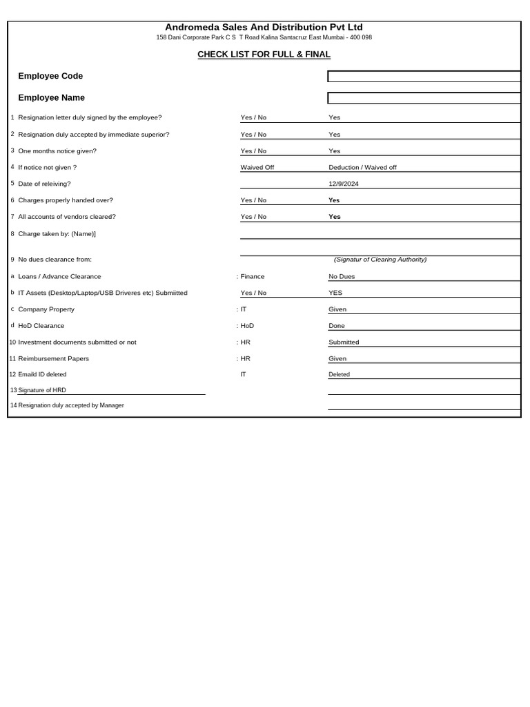 Full & Final Check List | PDF
