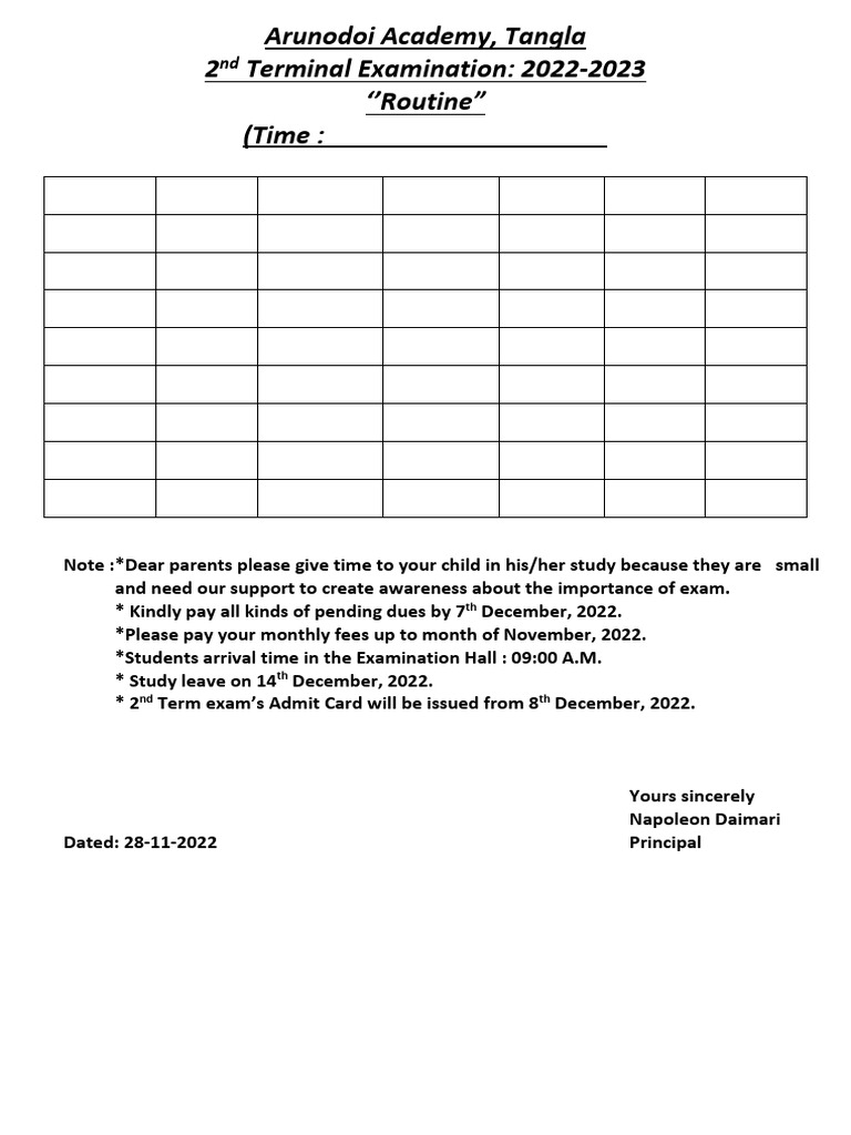 (Routine) 2nd Term Exam's 2022-23 (CL I To VI) | PDF