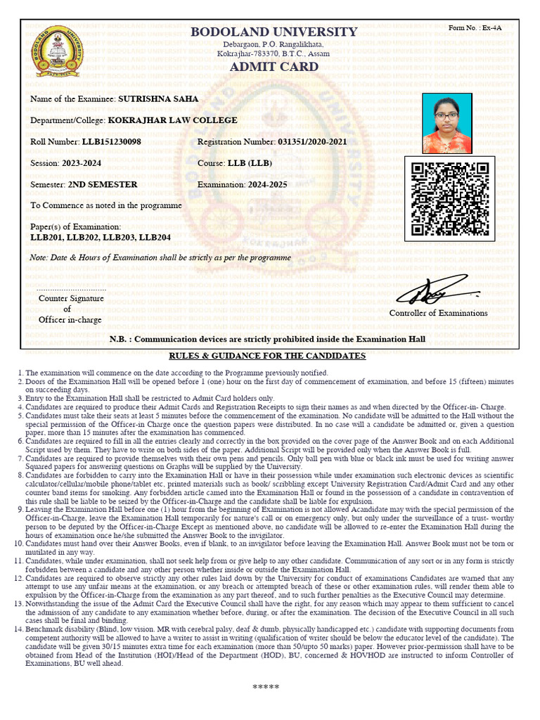 Bodoland University LLB Admit Card 2024 | PDF | Justice | Crime & Violence